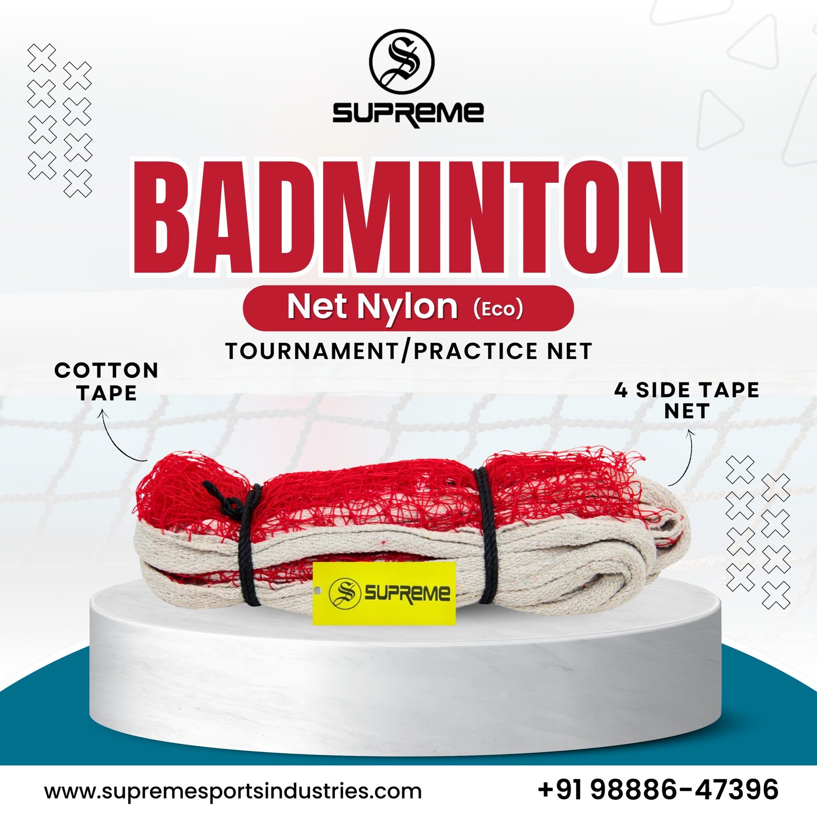Supreme Badminton Net Nylon (Eco) Cotton Tape 4 Side Tape Net (Pack Of ...